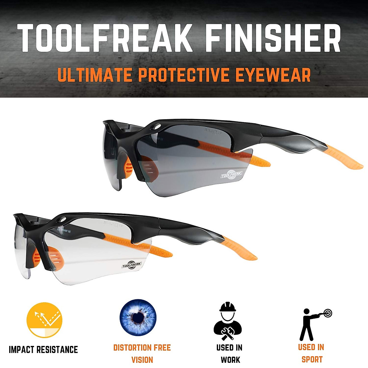 ToolFreak Finisher Safety Glasses Bundle Offer, Clear and Smoke Polycarbonate Lens, Wraparound Lenses with UV and Impact Rating,Neckcord and Carry Pouch