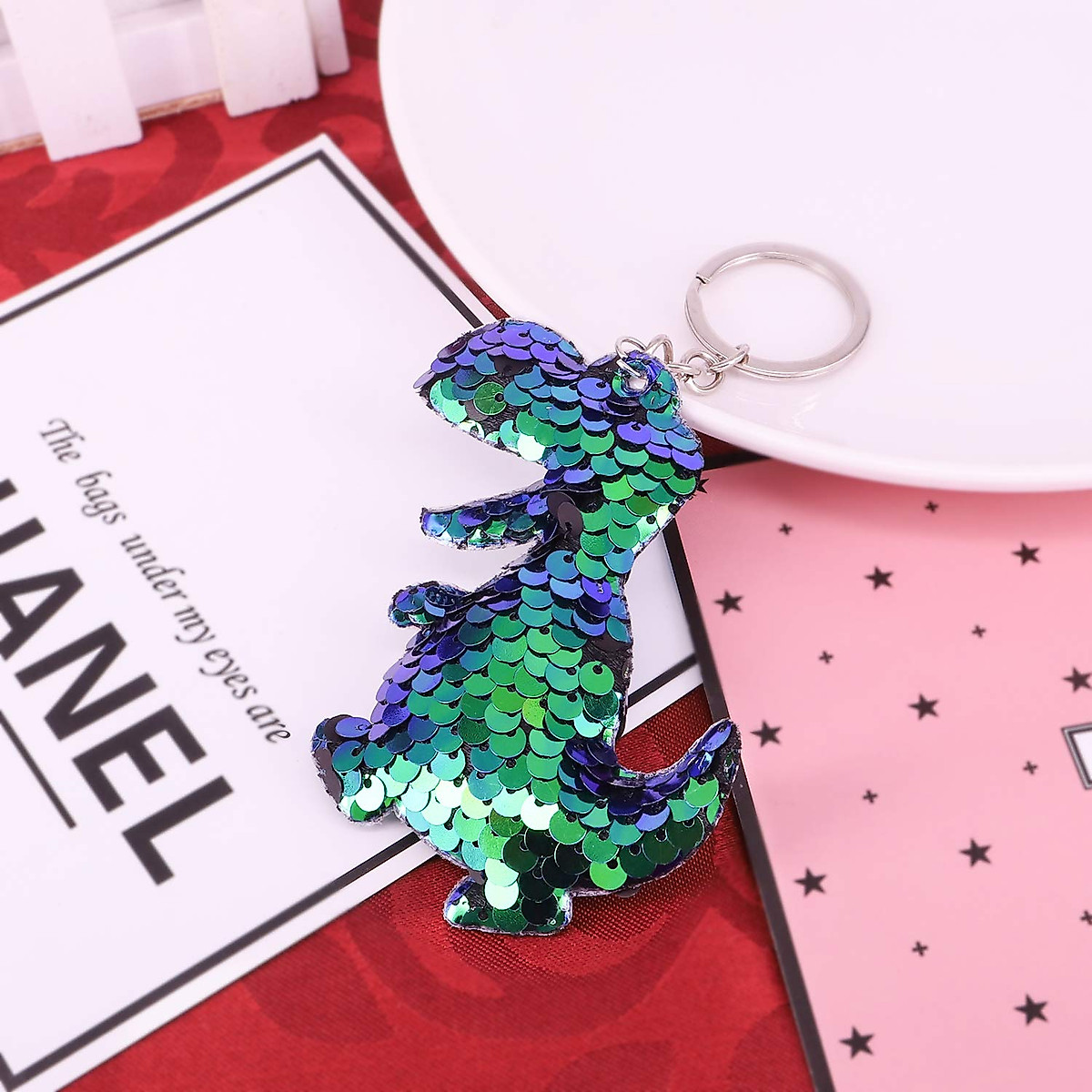 QTKJ Cute Reversible Mermaid Glitter Pompom Sequins Dinosaur Pendant Keychain Key Chain for Women Car Bag Accessories Key Ring (Green)