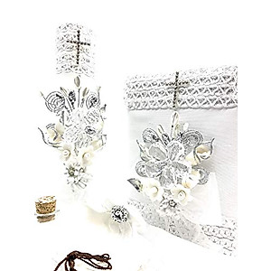 Baptism Candle Set with Flowers and Crystal Decoration