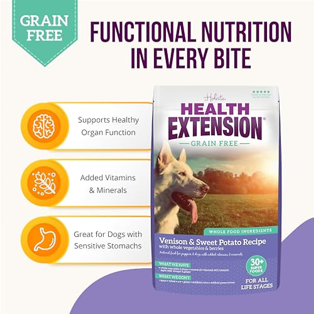 Health Extension Grain Free Venison & Sweet Potato Dry Dog Food (23.5 lb / 10.66 kg) - Lean Protein Formula for Dogs with Poultry Allergies & Sensitive Stomachs