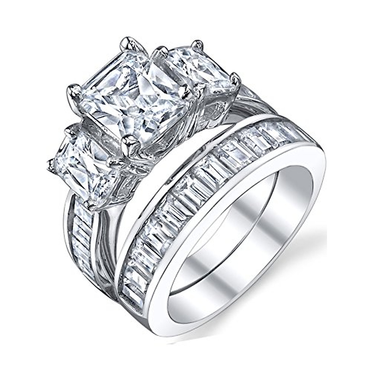 2 Carat .925 Sterling Silver Radiant Cut Cubic Zirconia CZ Women's Engagement Ring Set Sizes 4 to 11