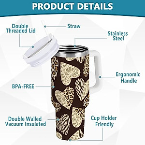 MCHIVER Hearts Animal Skin 40 oz Tumbler with Handle and Straw Stainless Steel Vacuum Water Bottle Leak-proof Travel Coffee Mug Insulated Tumbler for Home Car Office