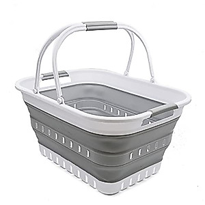 SAMMART 30L (8 Gallon) Collapsible Tub with Handle - Portable Outdoor Picnic Basket/Crater - Foldable Shopping Bag - Space Saving Storage Container (White/Grey, 1)