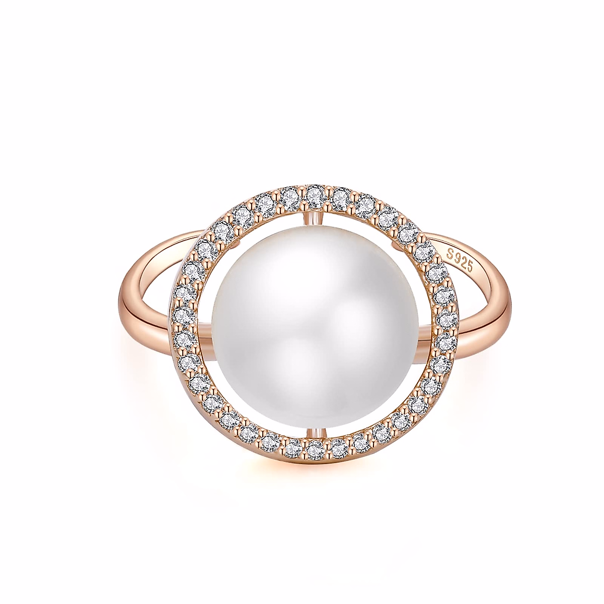Qings Rose Gold Pearl Adjustable Ring - Sterling Silver June Birthstone Open Rings | Cubic Zirconia White Freshwater Cultured Pearl Stackable Rings for Teen Girls Women Wedding Party Jewelry Size 5-9