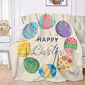 FJPT Happy Easter Colorful Eggs Throw Blanket Flannel Fleece Spring Cute Blankets Soft Luxury Cozy Warm for Living Room Bedroom Sofa Couch (40" x 50")