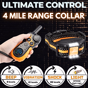 Dog Shock Collar with Remote, Unmatched 4-Mile Range, Night-Light Mode, Training Guide Included, 124 Training Levels & 4 Modes, Beep Vibration Shock, Waterproof Rechargeable, Fits All Dogs, US Tech