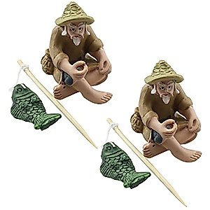 LQ Industrial Mini Fisherman Figurines 2PCS Miniature Resin Vintage Fishing Old Man Statues Chinese Mudman Sitting Garden Ornament for Fish Tank Bonsai Micro Landscape Doll House Plant Decoration
