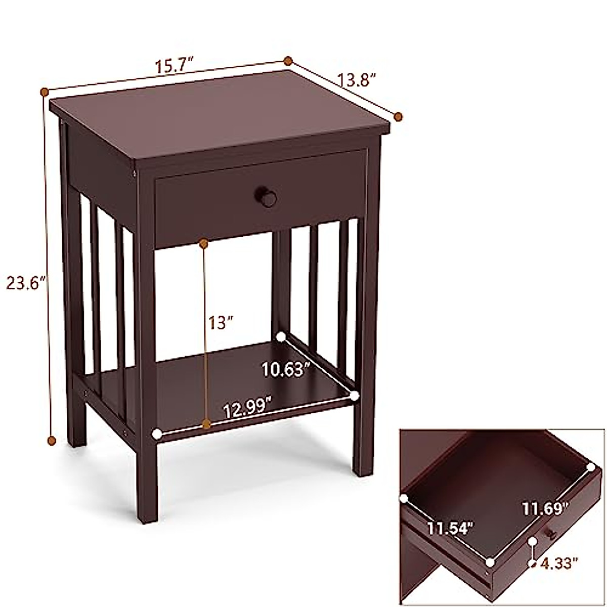 Homykic Nightstands Set of 2, Bamboo Solid Wood Bedside Table Night Stand with Drawer and Storage Shelf, Accent End Table Side Table for Bedroom, Living Room, Space Saving, Easy Assembly, Espresso