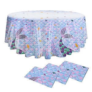 YiePhiot 3 Pcs Baby Shower Tablecloth，Baby Shower Round Tablecloth，Mermaid Party Decoration Table Covers，Plastic Table Cover for Baby Shower Party Compatible for a 70inch Round Table