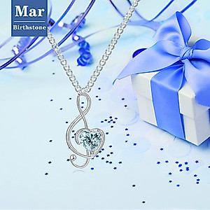 White Gold 925 Sterling Silver Blue Aquamarine Heart Treble Bass Clef Music Lovers Note Pendant Necklaces for Women Men March Birthstone Musical Rock Jewelry Birthday Mother Day Christmas Gifts