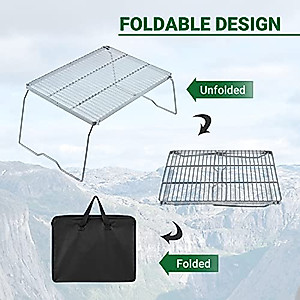 YETO Two Hight Camping Grill Grate with Legs 304 Stainless Steel Folding Campfire Over Fire Portable and Carrying Bag for Outdoor Cooking BBQ Picnic Hiking, Silver-Large, 16.3 x 12.2 x 8.6 inches