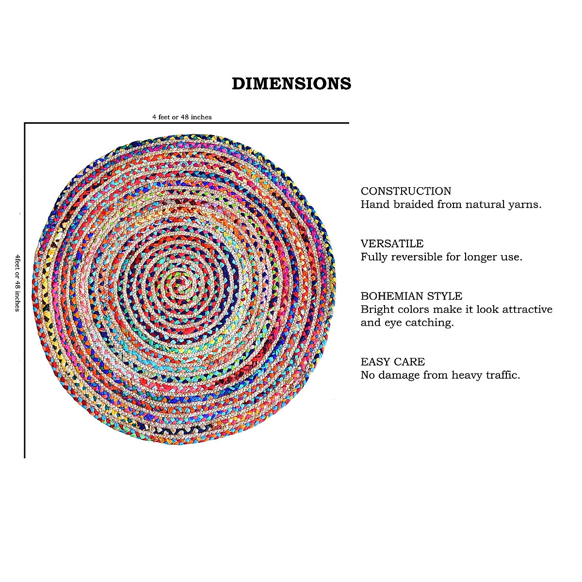 FRELISH DECOR Round Rug Area Rug, Jute & Cotton Multi Chindi Braid Rug, Hand Woven & Reversible- Handwoven from Multi-Color Vibrant Fabric Rugs Bohemian Colorful Rug (6 feet)