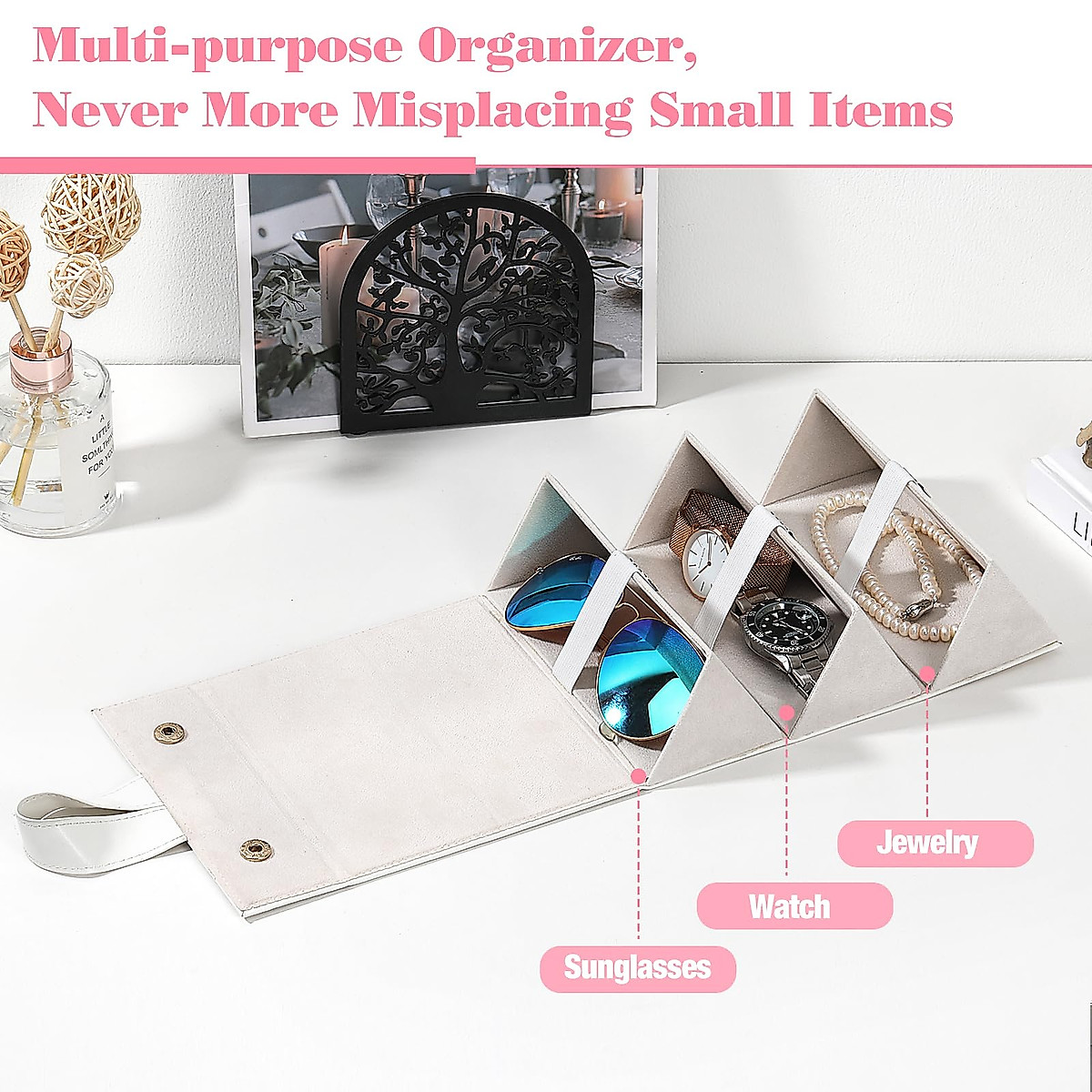 MoKo Sunglasses Organizer with 3 Slots, Foldable Travel Glasses Storage Case Holder Eyewear Display Box, White + Beige