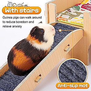 Guinea Pig Castle, Wooden Guinea Pig Hideout with Cave Stairs & Mat, Small Animal House Bed Hut Habitats for Hamsters Bunny Chinchillas Playing Sleeping Hiding