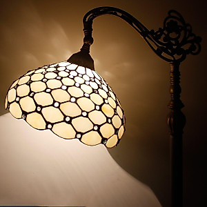 WERFACTORY Tiffany Floor Lamp Cream Amber Stained Glass Bead Arched Lamp 12X18X64 Inch Gooseneck Adjustable Corner Standing Reading Light Decor Bedroom Living Room S005 Series