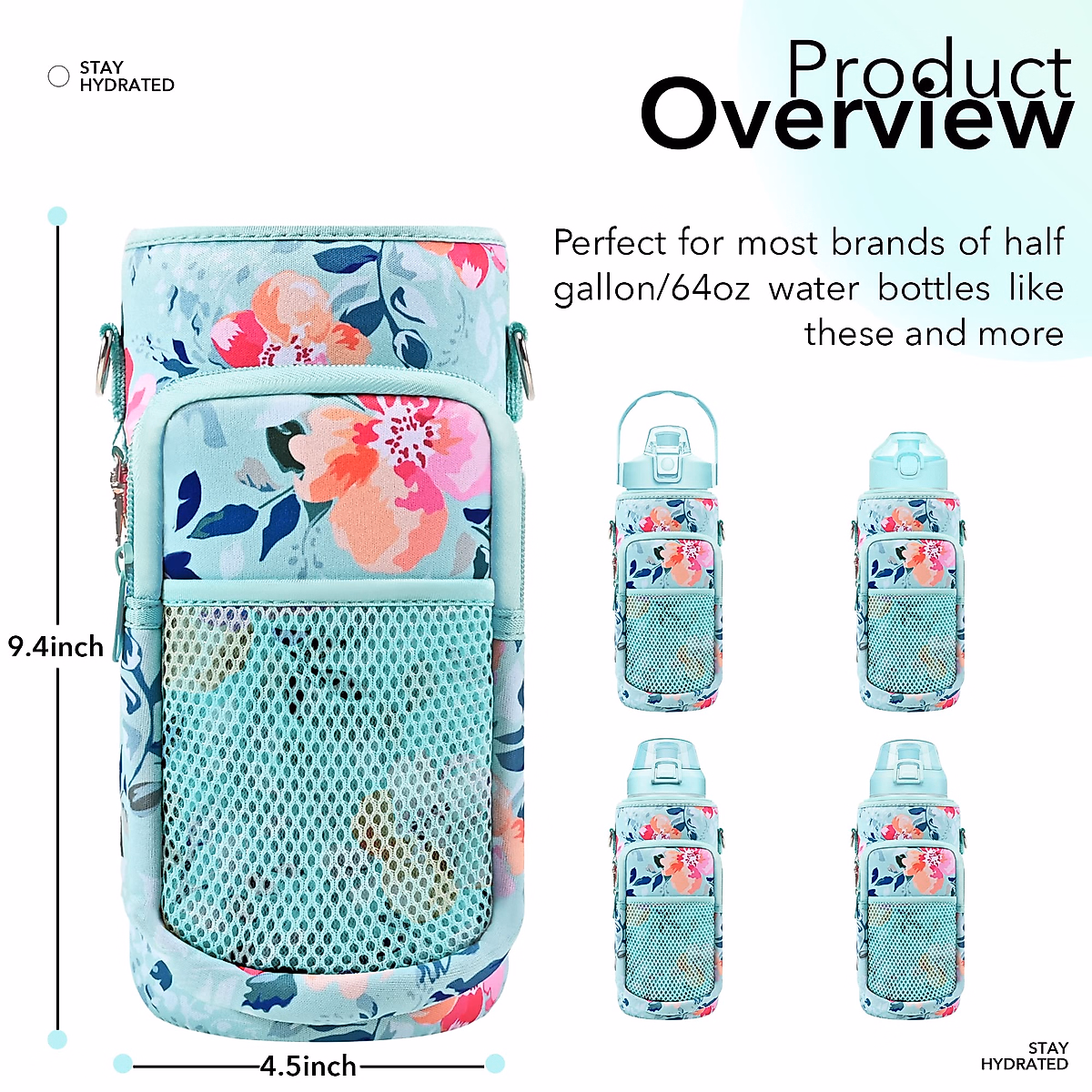 Half Gallon Water Bottle Carrier Bag, Bottle Pouch Phone Holder, Adjustable Shoulder Hand Strap 2 Pocket Sling Neoprene Sleeve Sports Water Bottle Accessories for Hiking Travelling &Camping