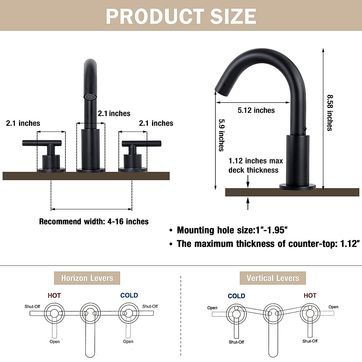 Qomolangma Black Bathroom Faucets for Sink 3 Hole, 8 inch Widespread Bathroom Faucet, 2-Handle Bathroom Sink Faucet, 360° Swivel Spout Lavatory Sink Faucet with Water Supply Lines & Pop Up Drain