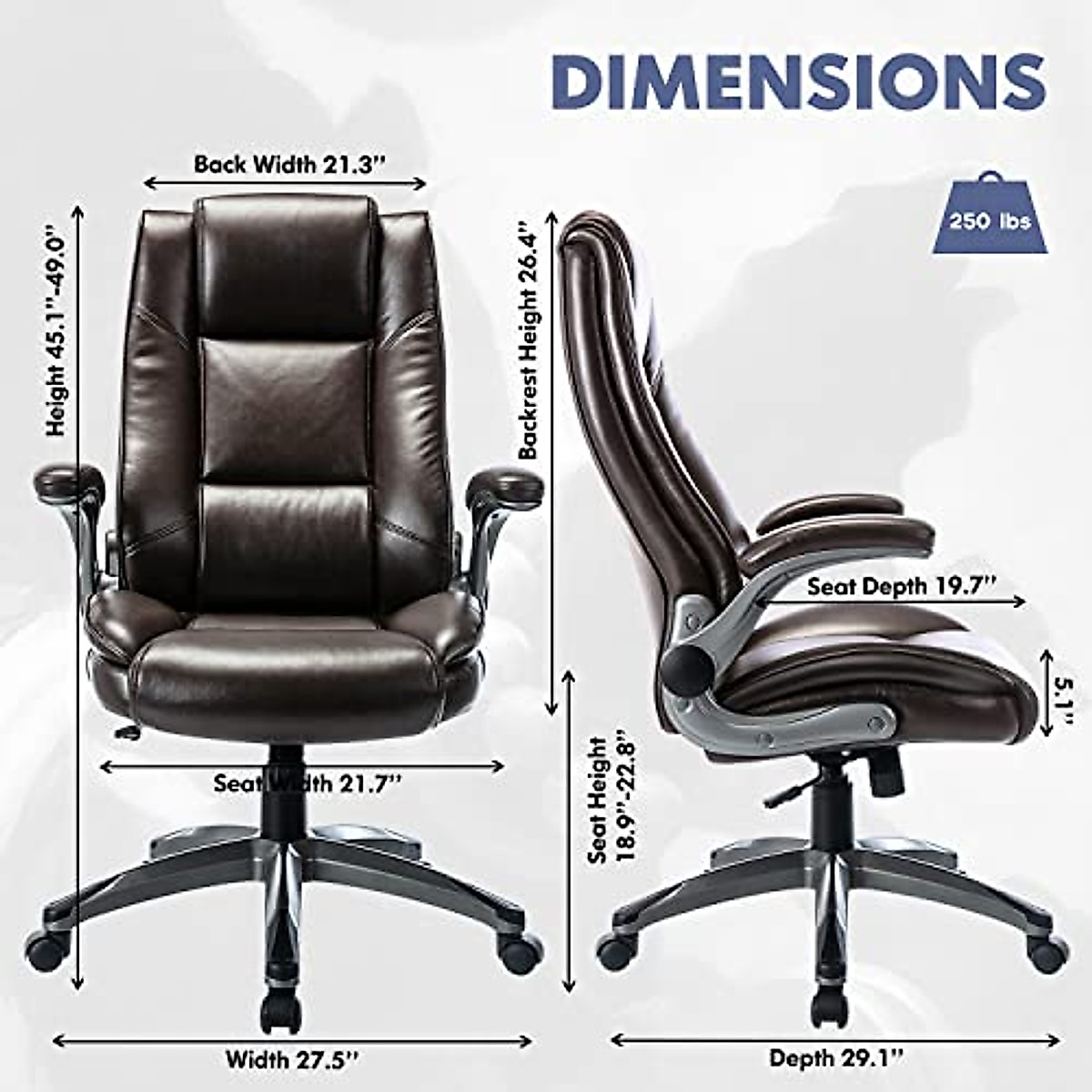 High Back Executive Office Chair-Ergonomic Bonded Leather Computer Chair with Flip-up Arms, Adjustable Tilt Tension, Padded Armrests, Swivel Rolling Home Office Desk Chair-Brown