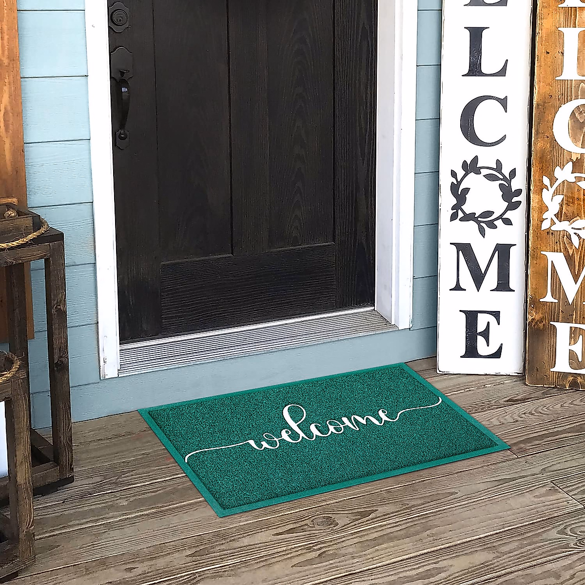 AAZZKANG Green Door Mat Outdoor Welcome Mat with Non Slip Rubber Backing Easy to Clean Entry Doormat for Indoor High Traffic Areas Front Door
