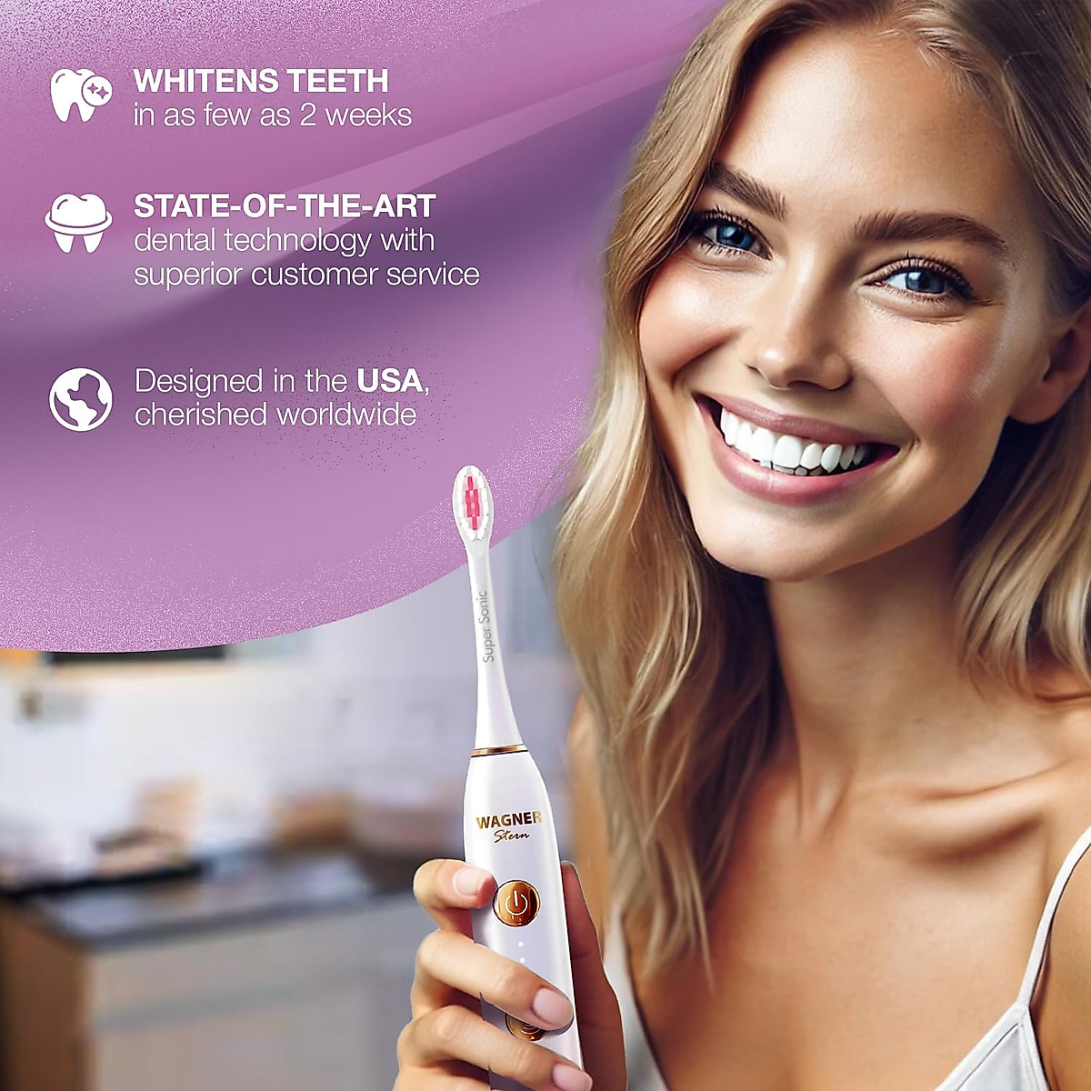 Wagner Stern WHITEN+ Edition. Whitening Electric Toothbrush with Pressure Sensor. Offers 5 Brushing Modes, 3 intensities, 8 Soft Brush Heads, and a Luxury Travel case.