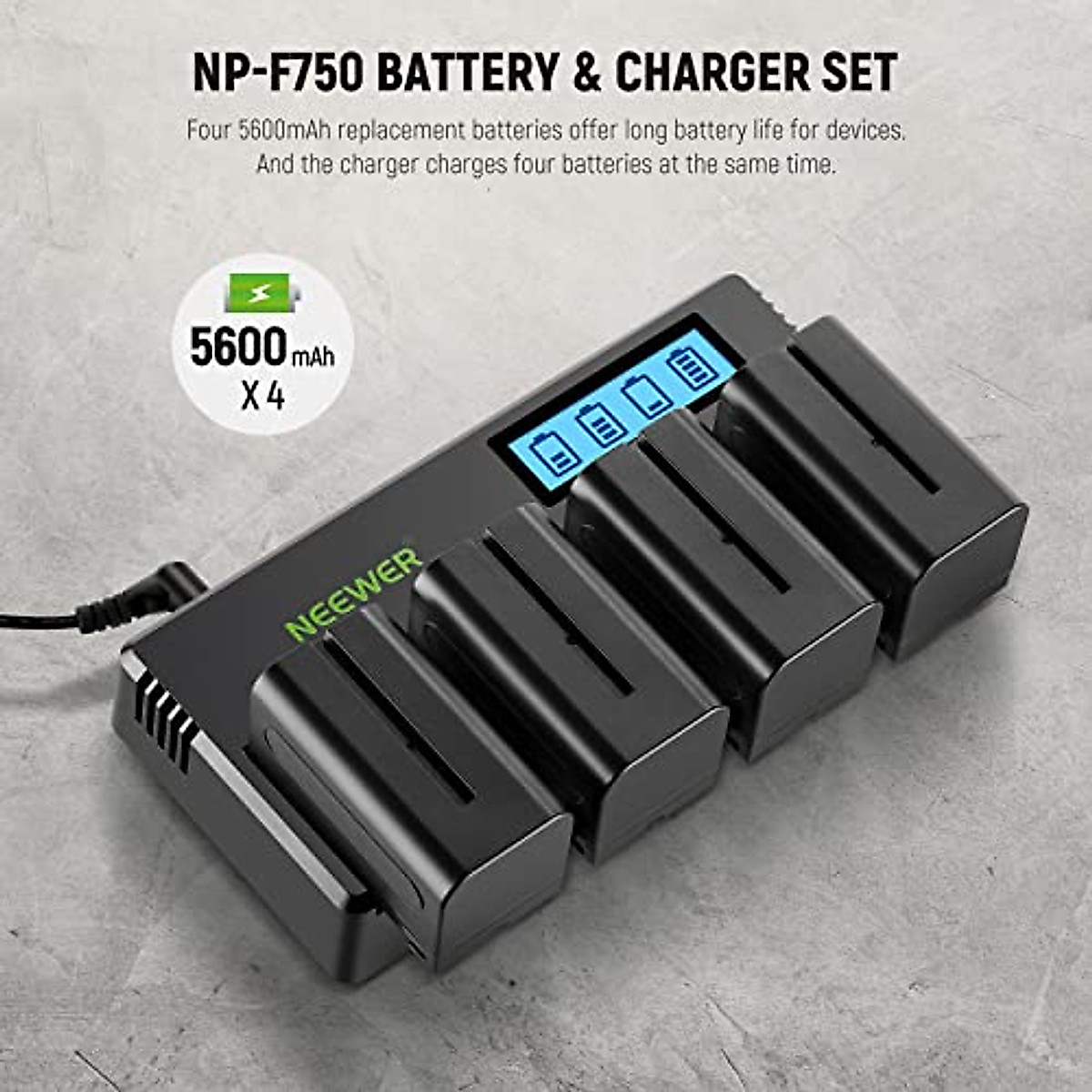 Neewer 4 Packs NP-F750 Replacement Batteries 7.4V 5600mAh with 4 Channel Battery Charger & Power Adapter, Compatible with NP-F550/750/770/970 FM500H QM71D QM91D, Field Monitor, Video Light