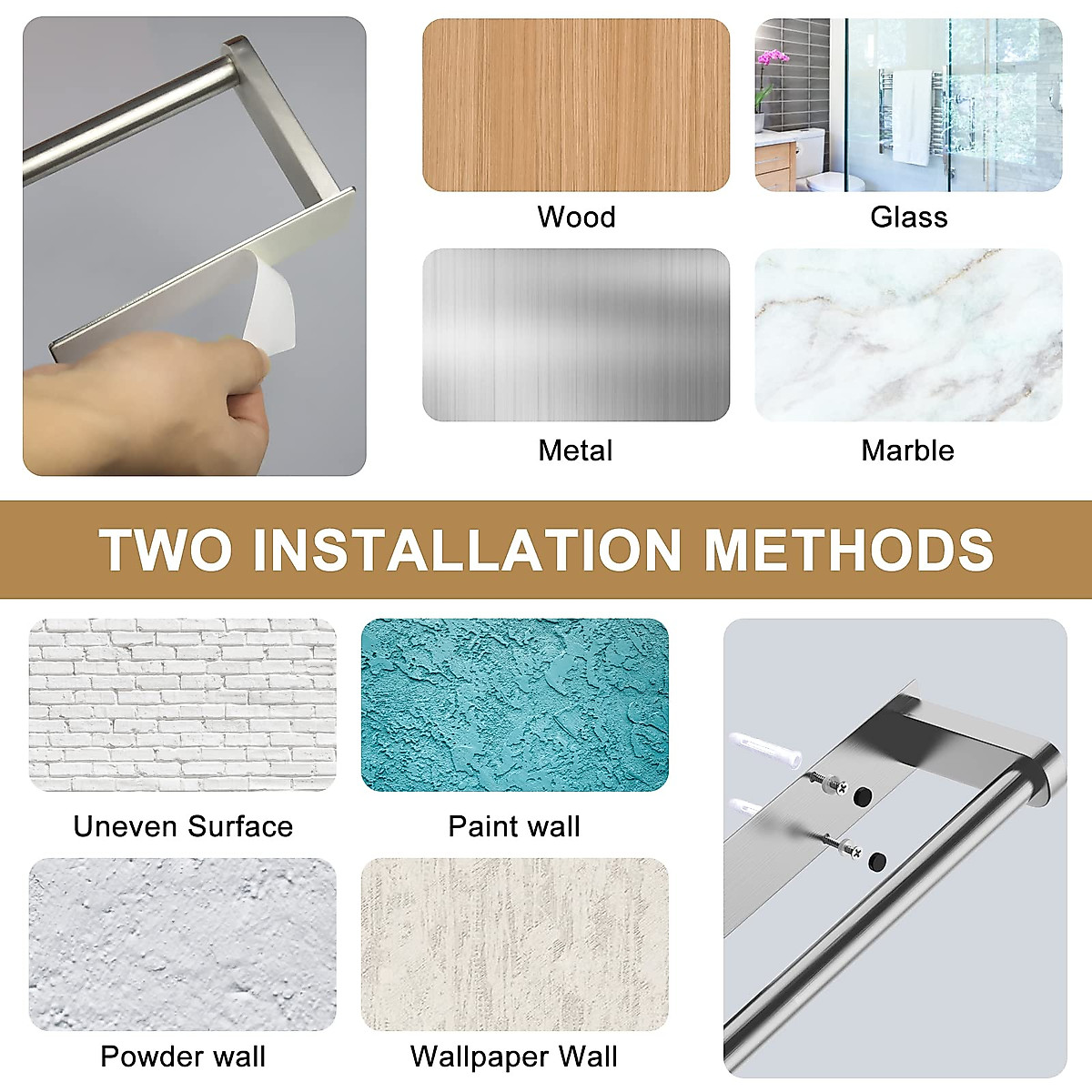 Paper Towel Holder - MUNNAR Stainless Steel Paper Towel Holder, Under Cabinet Paper Towel Rack, Self Adhesive or Drilling, Wall Mount Towel Paper Holder for Kitchen Sink Bathroom, with 4 Hooks