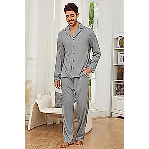 Andeip Mens Sleepwear Mens Pajamas Set Waffle Knit Long Sleeve Pjs Matching Lounge Set Light Grey L