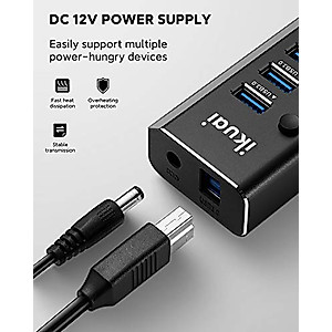 Powered USB Hub 3.0 ikuai Aluminum 10 Port USB 3.0 Data Hub Splitter with 12V/3A 36W Power Adapter and Individual On/Off Switches for Desktop PC Laptop and More