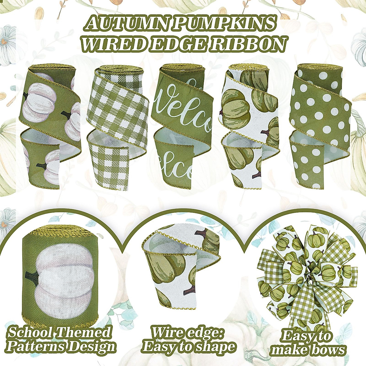 Whaline Fall Green Pumpkin Wired Edge Ribbon 30 Yards Farmhouse Rustic Autumn Thanksgiving Harvest Fabric Ribbon Welcome Plaids Polka Dots Craft Ribbon for Wreath Floral Bow DIY Crafts, 5 Roll