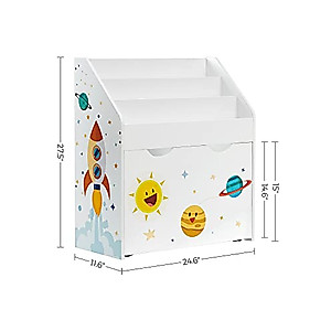 SONGMICS Kids Bookshelf, Toy Organizer, Chest and Bookcase with 3 Shelves, Storage Box with Wheels, Multipurpose, Space Theme 11.6D x 24.6W x 27.6H in