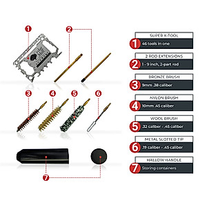 Micro, All-in-One Professional 9mm Pistol Cleaning Kit - 357, 380, 38, 40, 44 mag, 45 Swivel Handle, 2 Rods, 3 Clean Brushes – Premium Steel & Nylon with Durable Lifelong Construction + Deluxe X-Tool