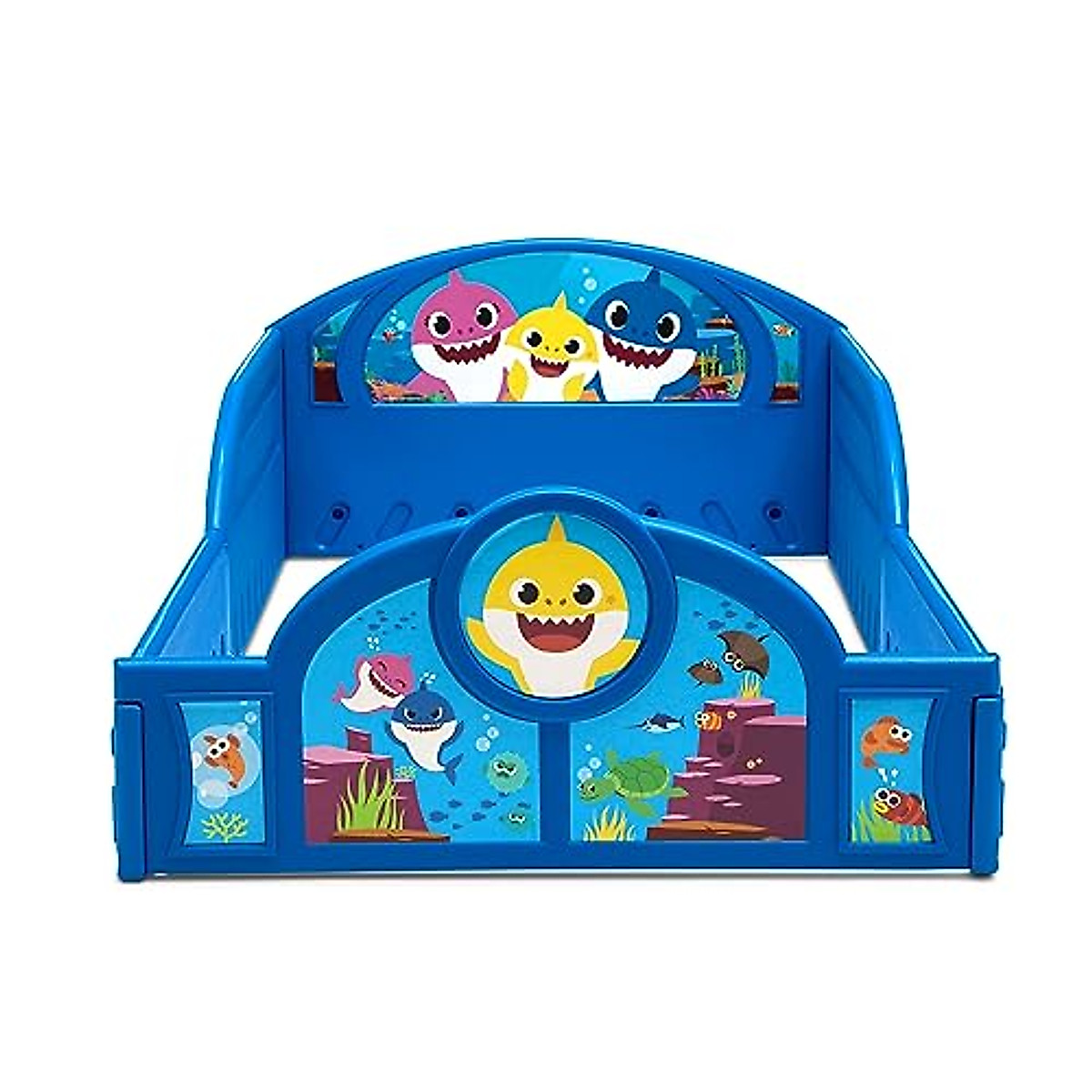 Baby Shark Plastic Sleep and Play Plastic Toddler Bed with Attached Guardrails by Delta Children, Blue