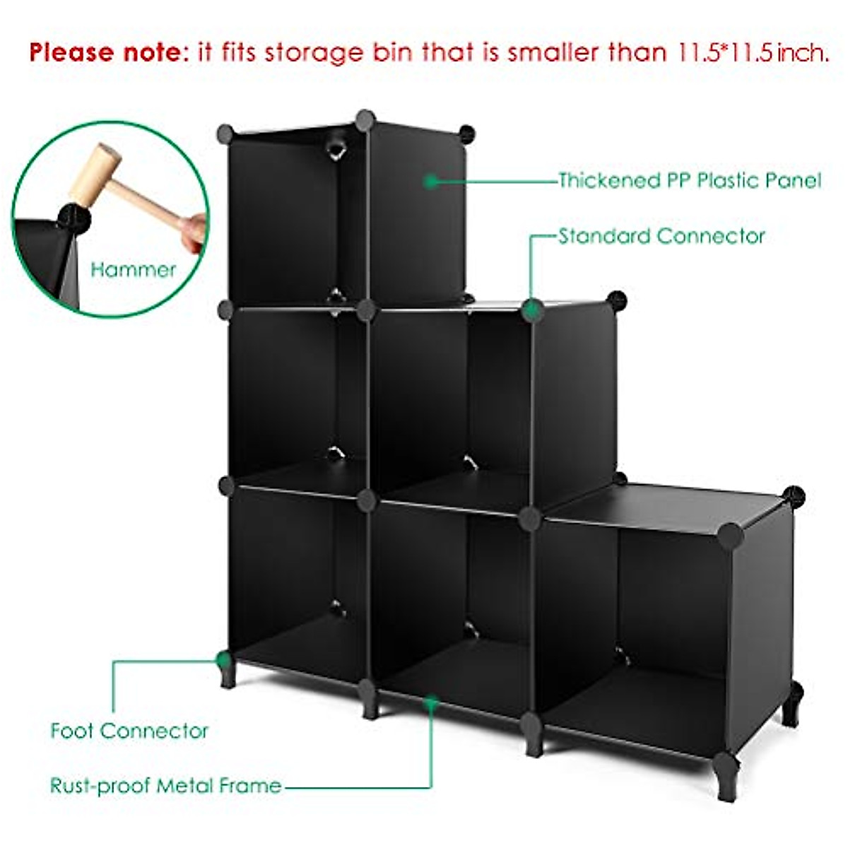 TomCare Cube Storage 6-Cube Closet Organizer Storage Shelves Cubes Organizer DIY Plastic Closet Cabinet Modular Book Shelf Organizing Storage Shelving for Bedroom Living Room Office, Black
