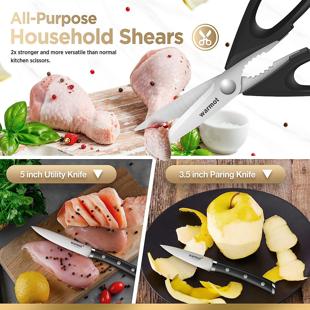 Kitchen Knife Set with Block, Warmot 15 Pcs Ultra Sharp Chef Knife Set Full Tang Knife Set with Knife Sharpener, High Carbon Stainless Steel Knife Block Set Triple Riveted Handle