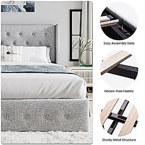 SHA CERLIN Full Size Lift Up Storage Bed/Button Tufted Wingback Headboard/Hydraulic Storage/Upholstered Platform Bed Frame/No Box Spring Needed/Wood Slats Support/Light Grey