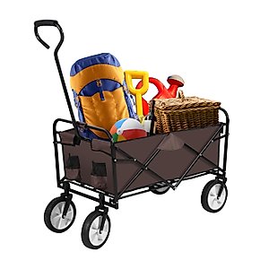 Collapsible Folding Wagon, Beach Wagon Cart Heavy Duty 220LBs Foldable, Utility Grocery Wagon with Side Pocket for Camping Garden Sports