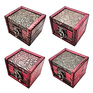 Markeny Jewelry Box Vintage Handmade Box with Mini Metal Lock, 4 Styles Pattern Wooden Rings Case Box, Square