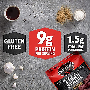 Jack Link's Steak Strips, Beef Jerky, Original Flavor, Snack Bags, Extra Thick Cut Protein Snacks, Ready to Eat - 9g of Protein and 70 Calories Per Serving, Made with Premium Beef, 8 Ounce (Pack of 2)