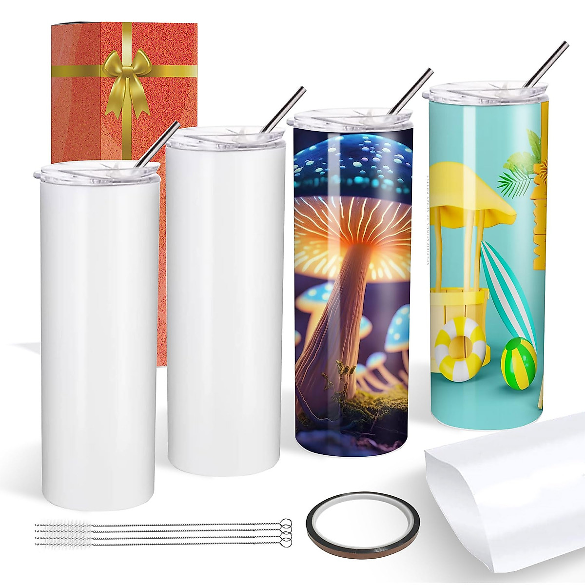 A-SUB Sublimation Tumbler, 20 OZ Skinny Straight White Tumbler for Sublimation, Double Wall Insulated Tumbler with Straw and Lid, 4 Pack Blank Tumblers Individually Boxed