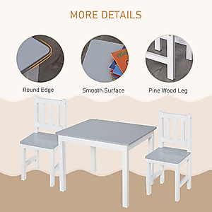 Qaba Kids 3 Piece Table and Chair Set Ideal for Arts, Meals, Lightweight Wooden Homework Activity Center, Toddlers Age 3+, Grey