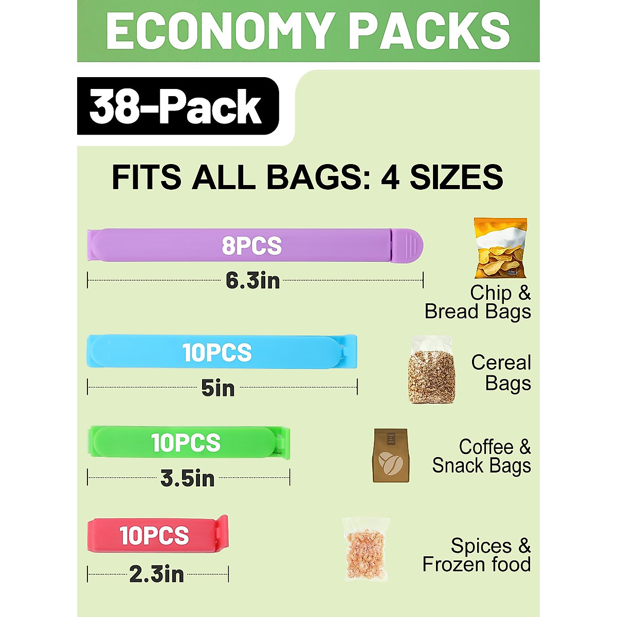 Set of 38 Plastic Chip Clips Bag Sealing Clips for Food and Snack Storage (2.3 in, 3.6 in, 5 in, 6.3 in)