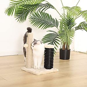 Amazon Basics Cat Scratching Post with Brush for Indoor Cats, 12.2 x 12.2 x 16.54 inch for Kittens, Beige