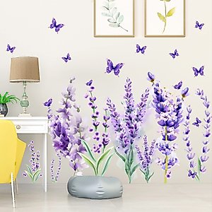 Removable Purple Lavender Wall Decals Purple Flowers Butterfly Wall Stickers DIY Removable Watercolor Floral Flowers Butterfly Wall Art Murals for Kids Girls Bedroom Living Room Nursery Office DT-6009