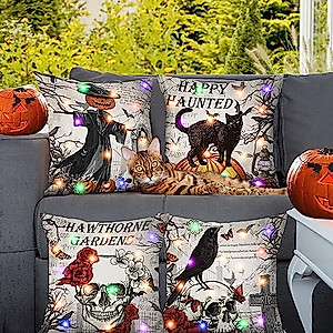 Hexagram Lighted Halloween Pillow Covers, Halloween Decorations Skull Pumpkin Black Cat LED Halloween Pillows Covers 18x18 Set of 4, Halloween Light Gothic Decor Pillows for Couch Sofa Indoor
