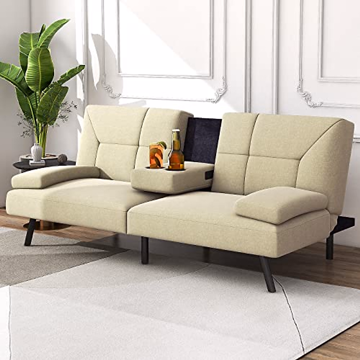 LIFERECORD Futon Sofa Bed Modern Linen Fabric Convertible Folding Lounge Couch Daybed for Living Room with 2 Cup Holders, Removable Soft Armrest and Sturdy Metal Leg, Khaki