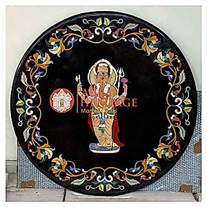 Black Marble Round 36" Outdoor Dining Table Top Multi Inlay Floral Ganesha Religious Design Center Decor