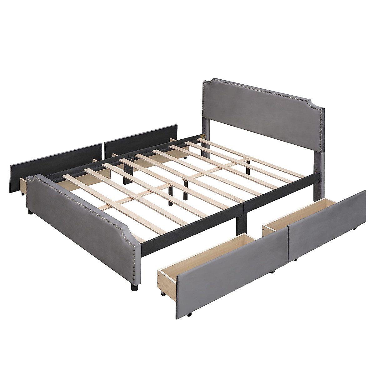 Yehha Queen Size Bed Frame w/Stud Trim Headboard & 4 Storage Drawers, Upholstered Platform Bedframe w/Wooden Slats Support & Capacity 500LBS, No Box Spring Needed, Gray