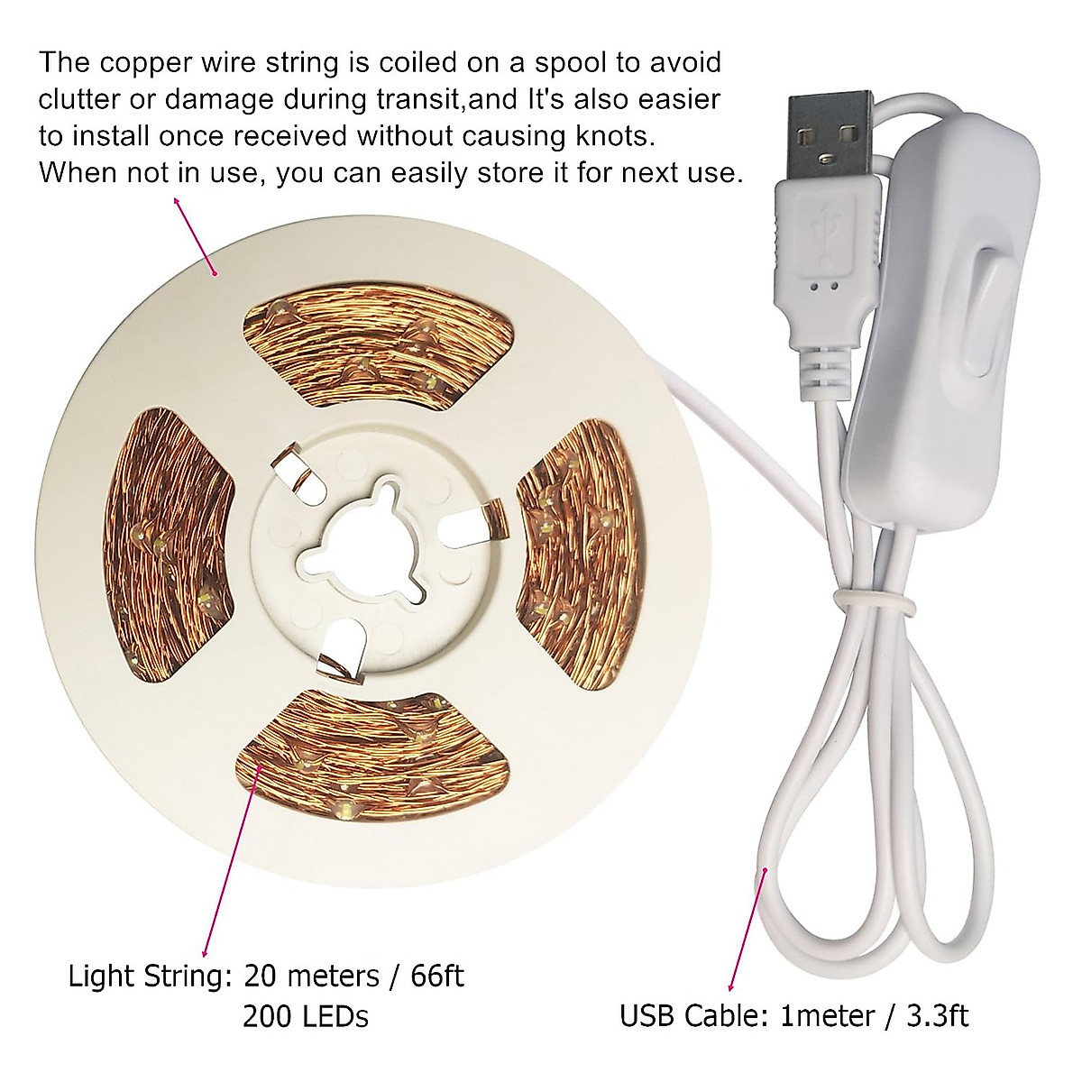 RUICHEN USB Fairy Lights 66 Ft 200 LED String Lights with ON/Off Switch, Waterproof Copper Wire Firefly Lights for Bedroom Wall Ceiling Wreath Christmas Easter Wedding Party (Multicolor)