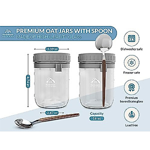 North Ranch Kitchen 16 oz overnight oats containers with lids - Jars with spoons and lids - made of premium borosilicate glass - 2x oatmeal jars with spoons & spoon holder