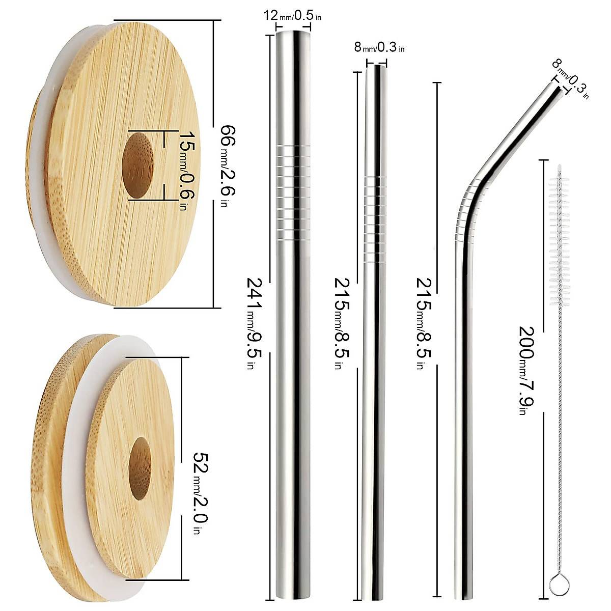 COLOROUND【REGULAR Mouth Lids】2 Pack Mason Jar Lids with Straw Hole Regular Mason Jar Cup Lids Reusable Bamboo Lids Mason Jar Tops with 3 Stainless Steel Straws & 1 Brush for Regular Mouth Mason Jars